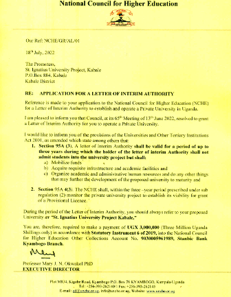 St. Ignatius University Kabale Awarded the letter of Interim Authority ...